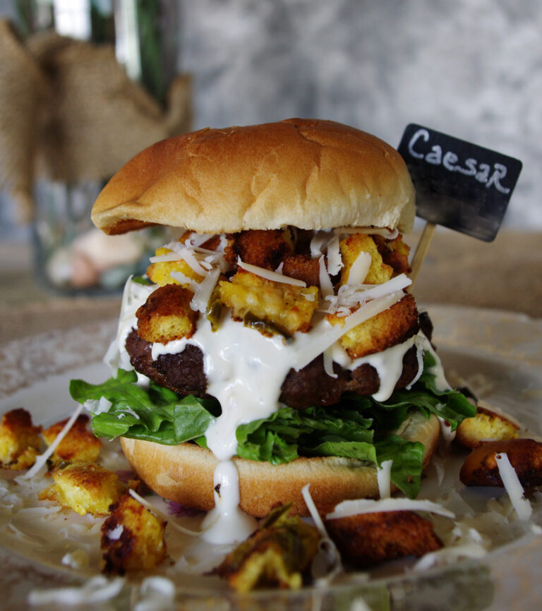 Caesar Salad Burger With Jalapeno Parmesan Croutons