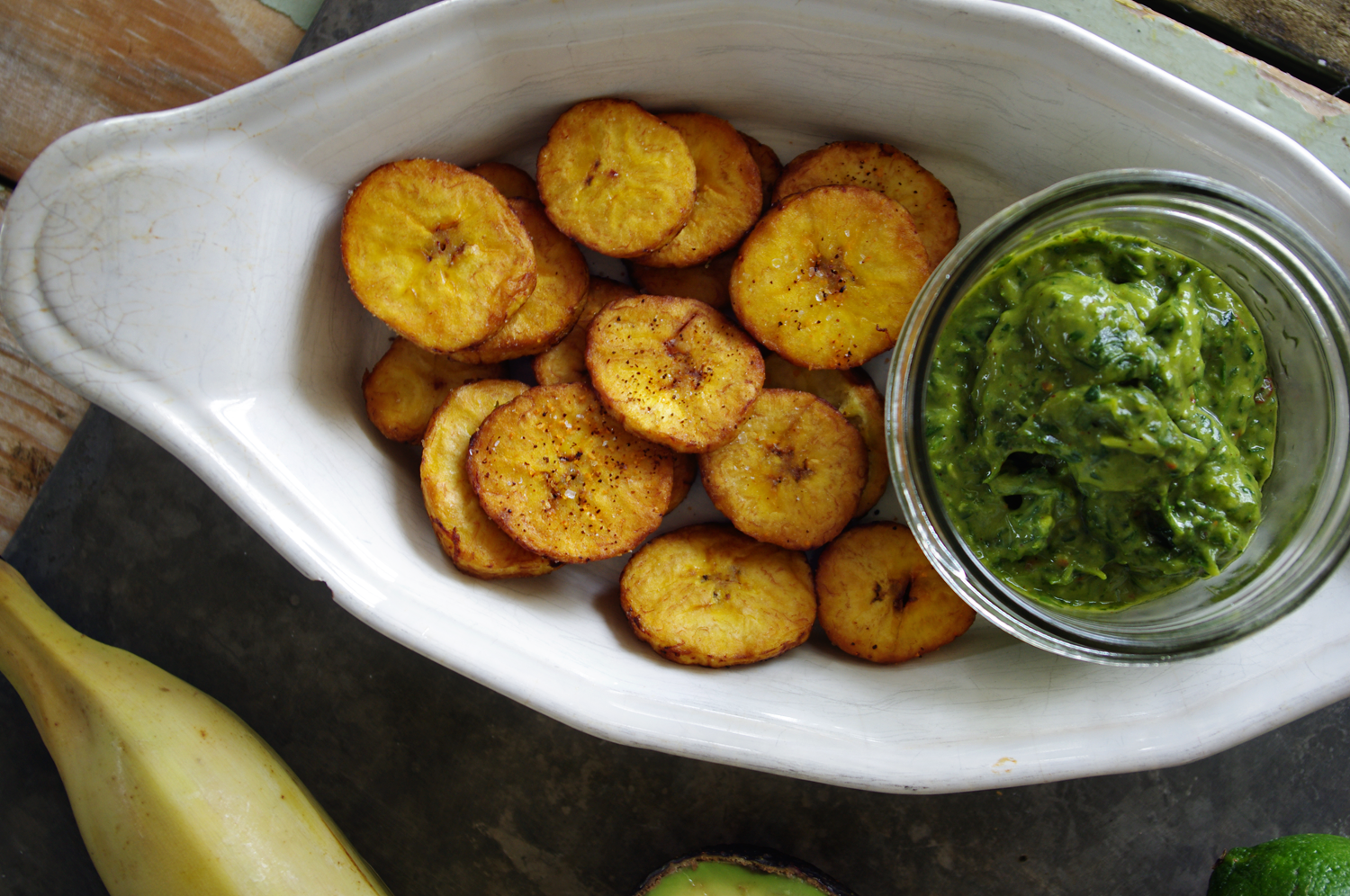 Salty Tostones With Basil Avocado Chimichurri
